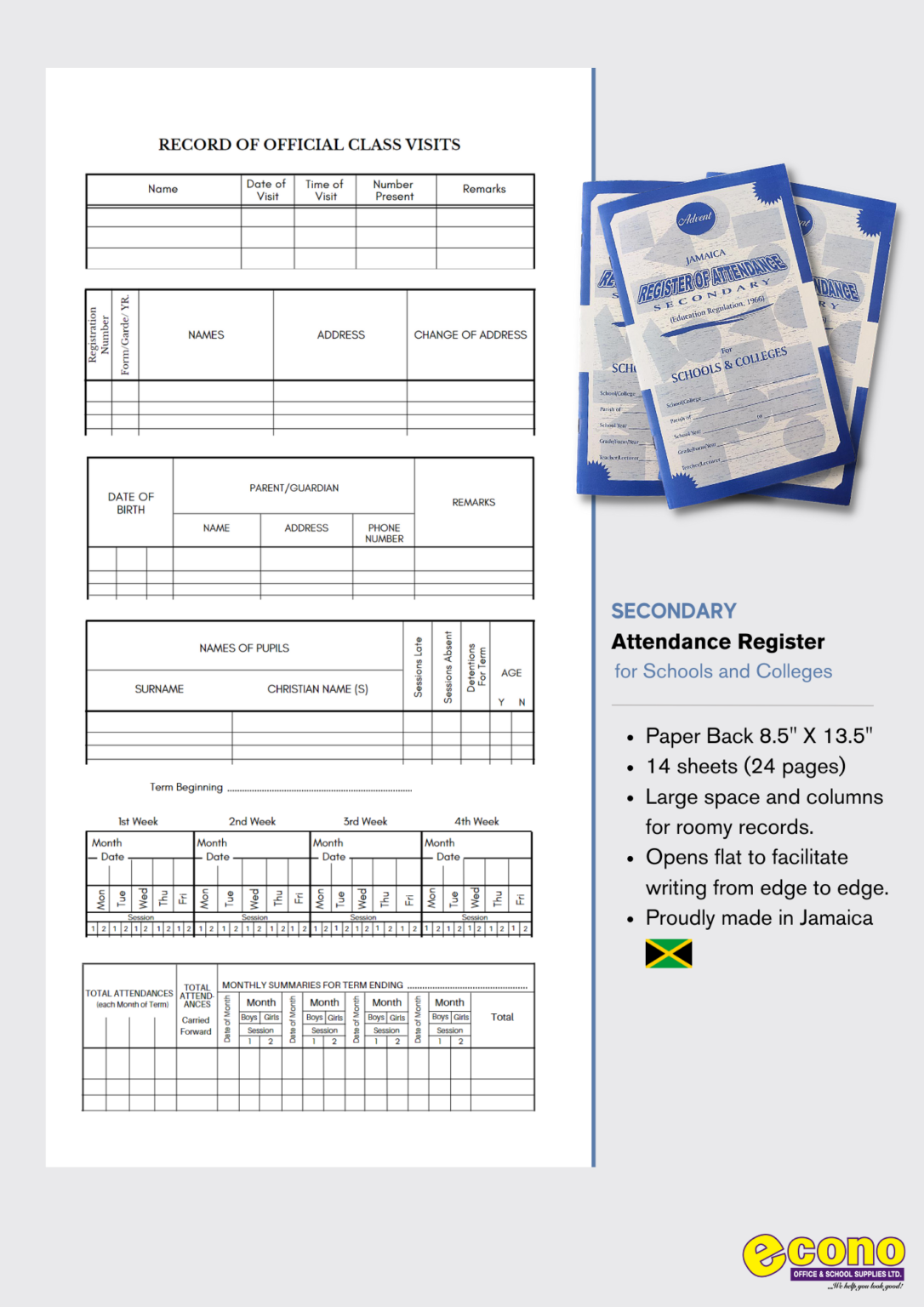 Advent Secondary Attendance Register – Econo Office & School Supplies Ltd